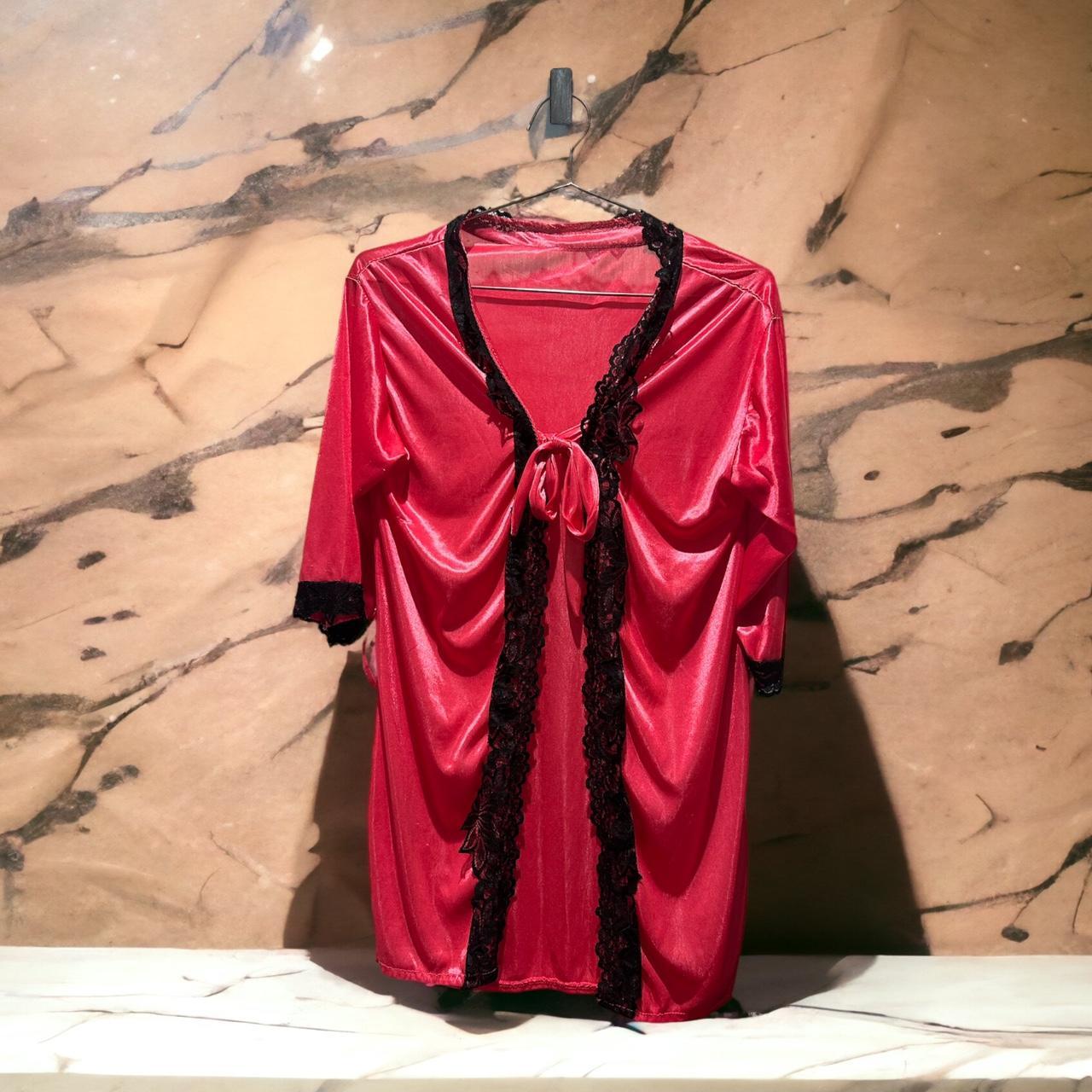 Vintage Barbie pink silk robe/nightgown. Black lace... - Depop