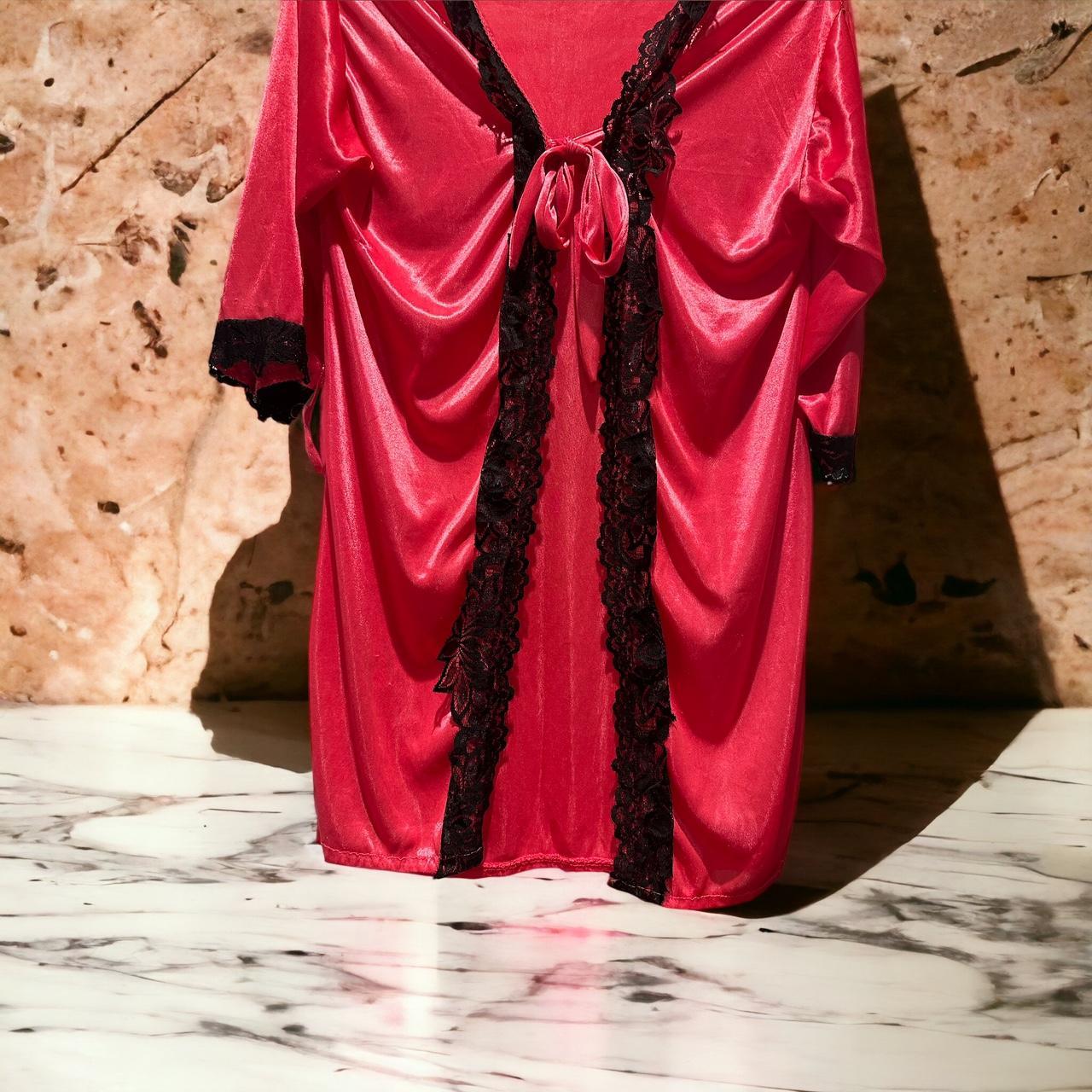 Vintage Barbie pink silk robe/nightgown. Black lace... - Depop