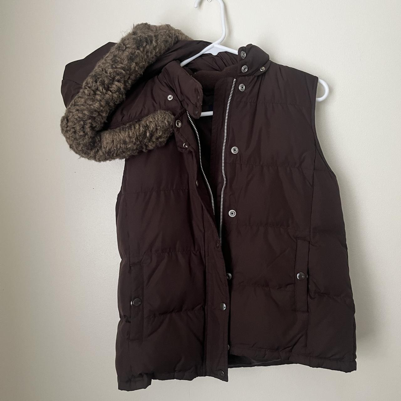 Gap women’s brown fur hooded button up puffed vest... - Depop