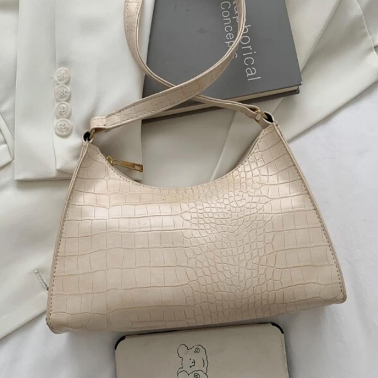 SHEIN Minimalist Croc Embossed Baguette Bag - Beige... - Depop