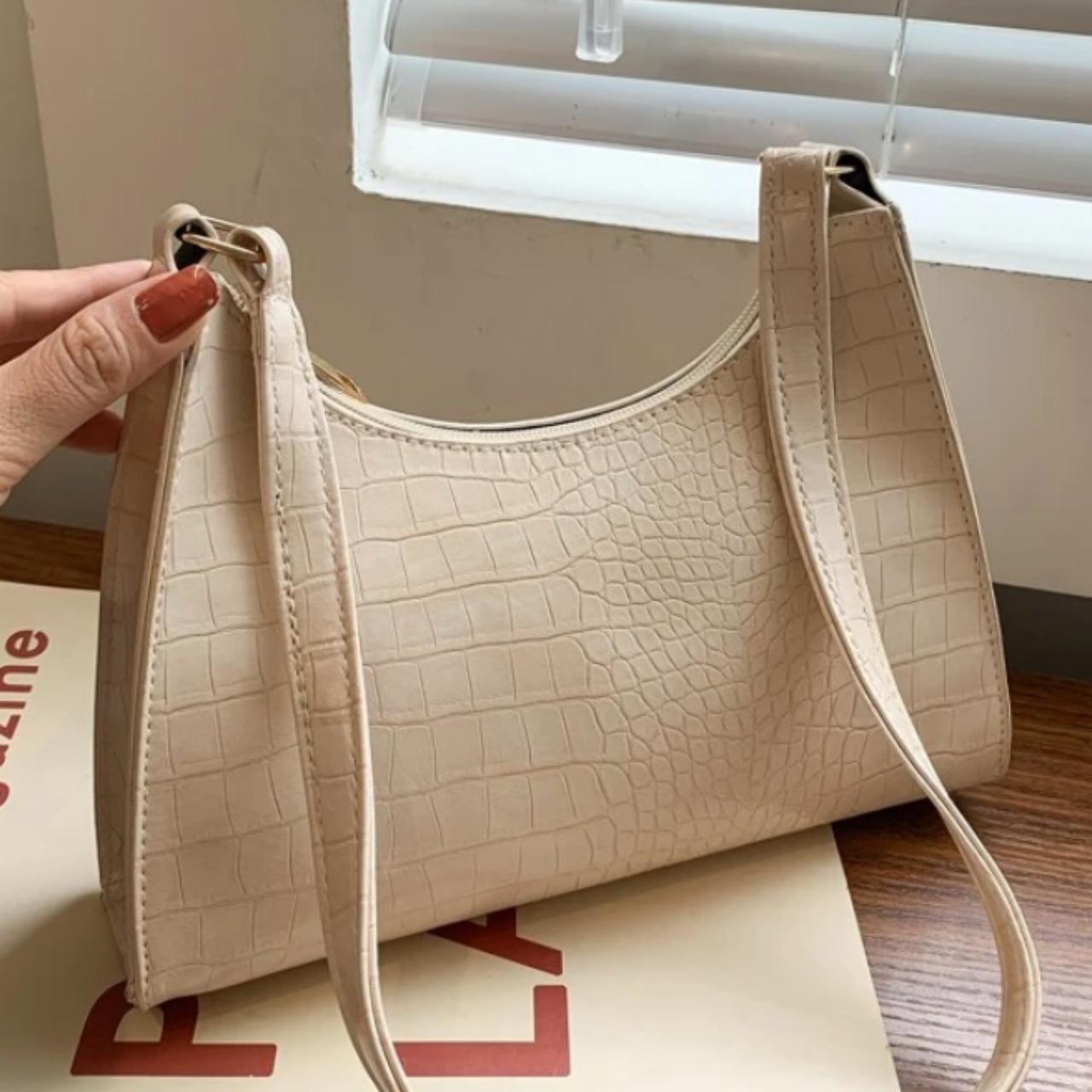 SHEIN Minimalist Croc Embossed Baguette Bag - Beige... - Depop