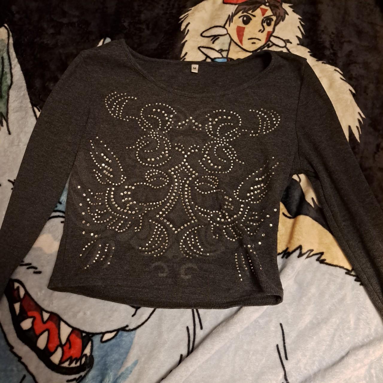 Medium, dark grey, grunge, y2k, rhinestone, top... - Depop