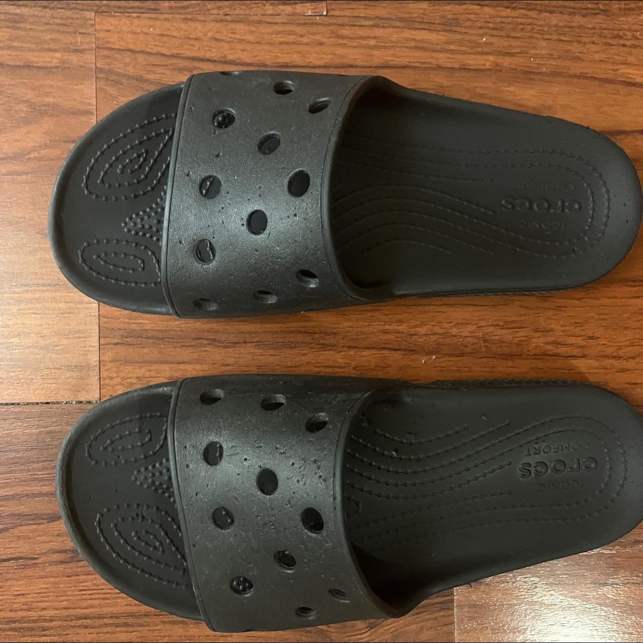 black croc slides pretty worn noticeable puppy bite... - Depop