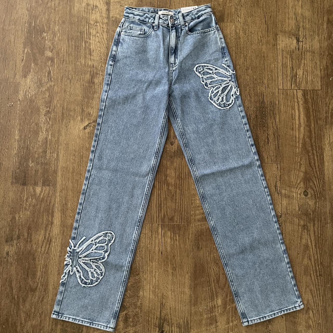 butterfly embroidered jeans from pacsun size... - Depop