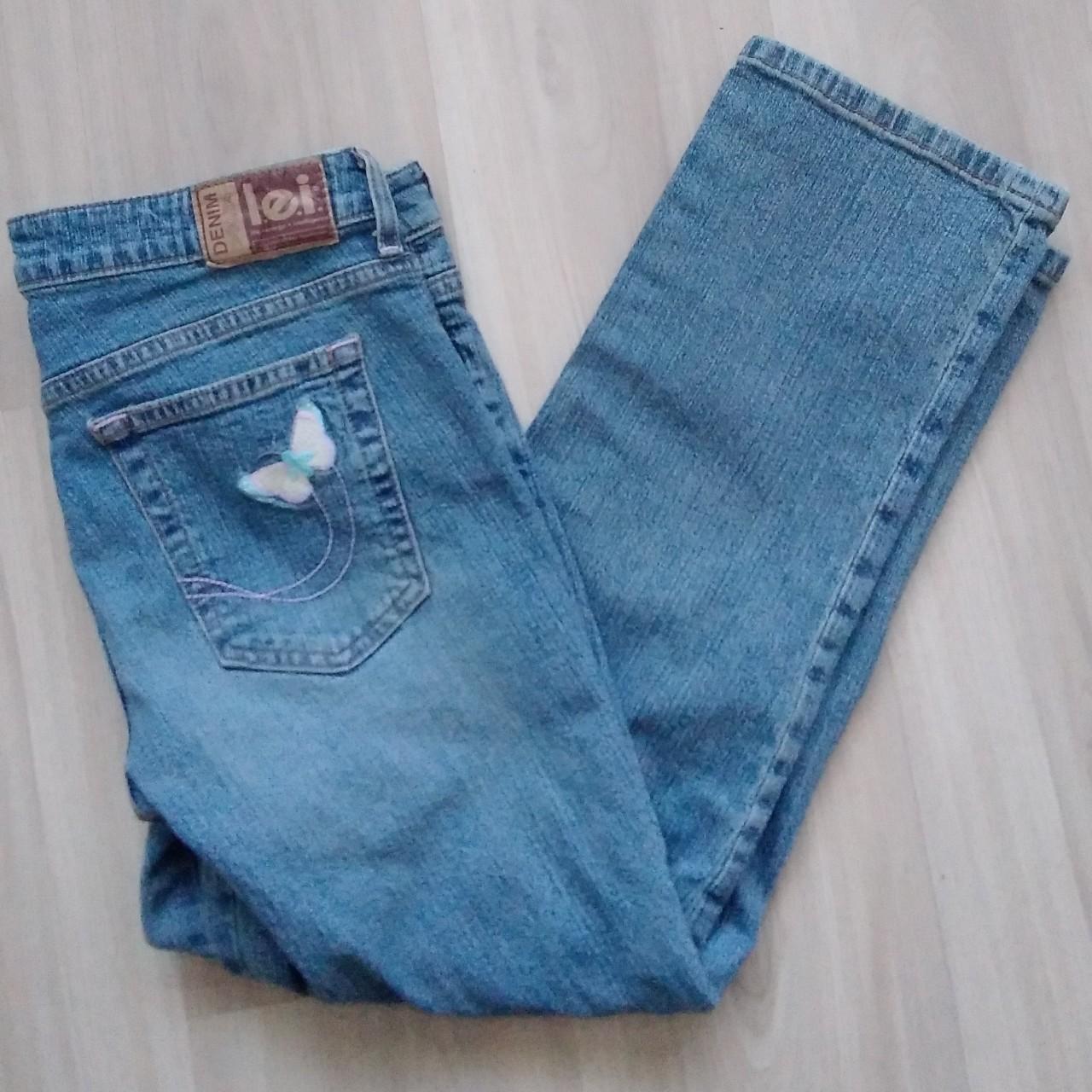 LEI 90S/Y2K CROP DENIM SIZE 9 BUTTERFLY EMBROIDERY... - Depop