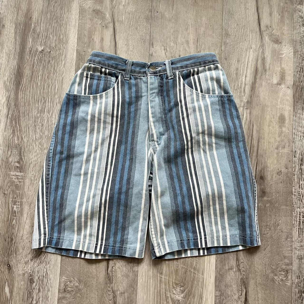 Striped blue Bermuda shorts, labeled 16 would fit... - Depop