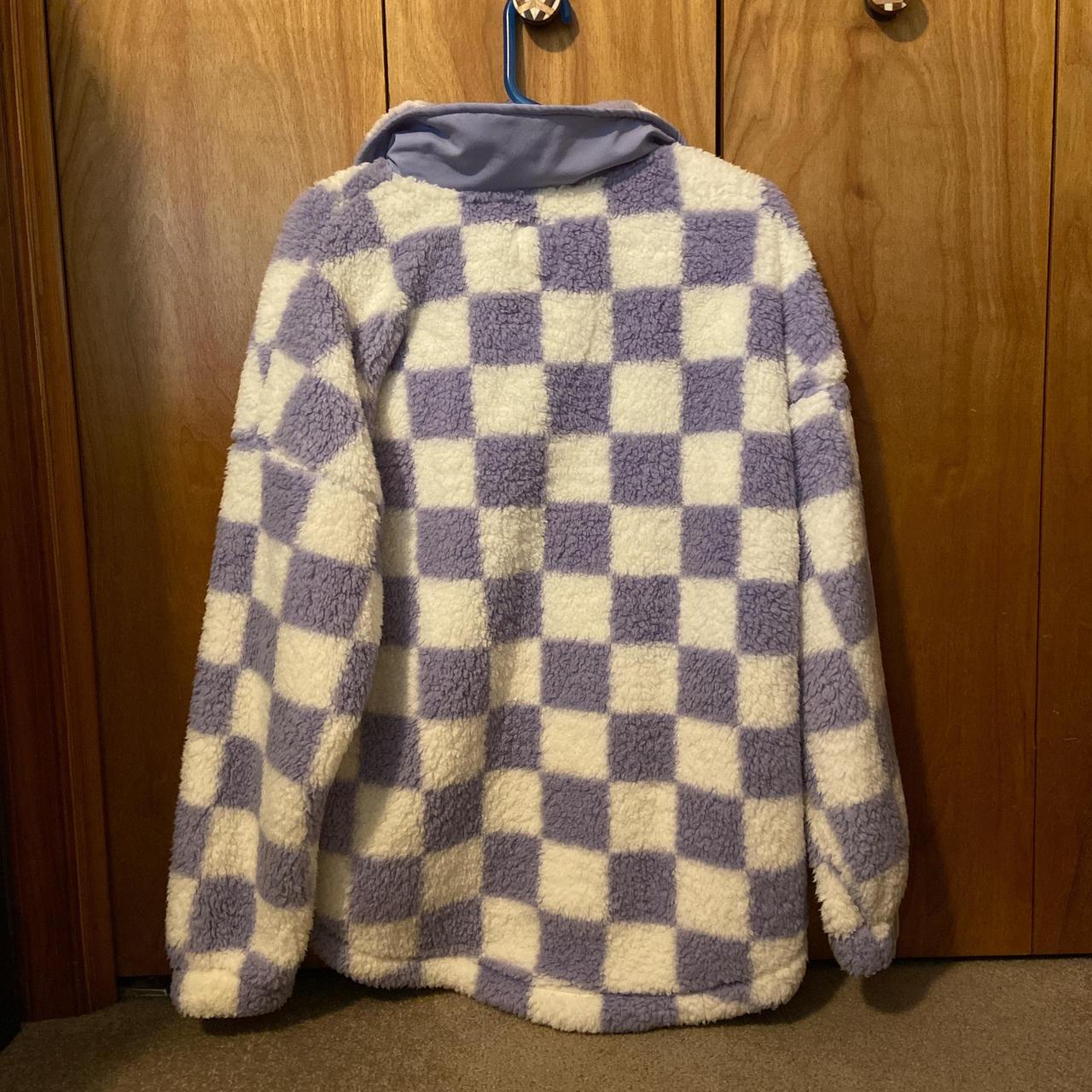 Purple and white checkered quarter zip fleece with... - Depop
