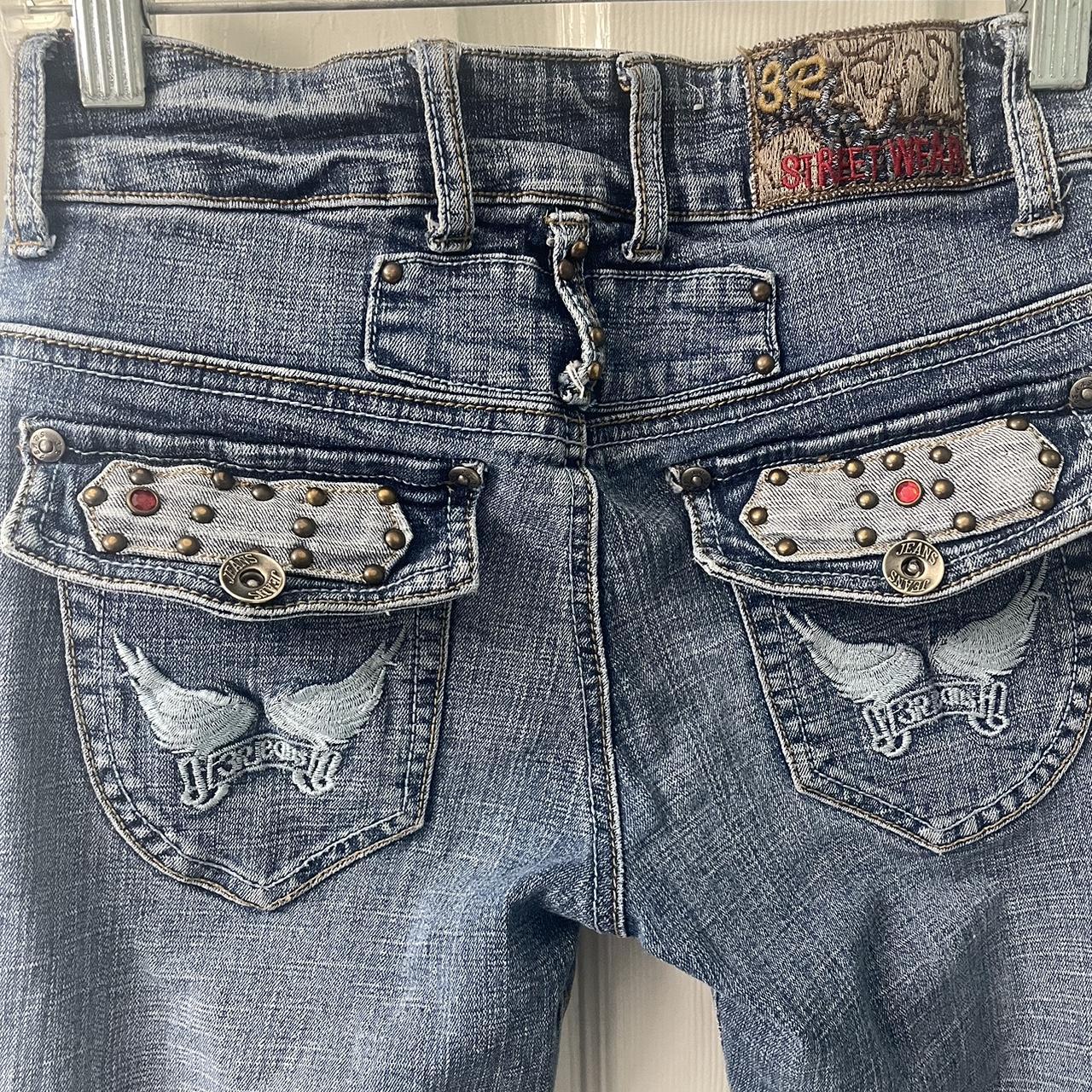 Y2K low waisted embroidered bedazzled bootcut jeans... - Depop