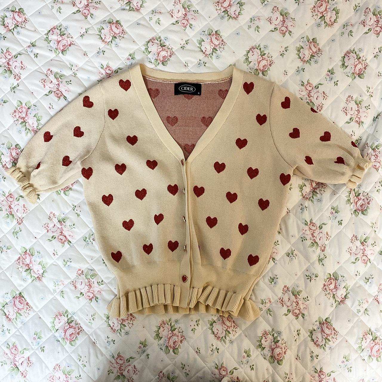 ️Cider Heart-Print Cream Cardigan - Size S 💖 Dive... - Depop