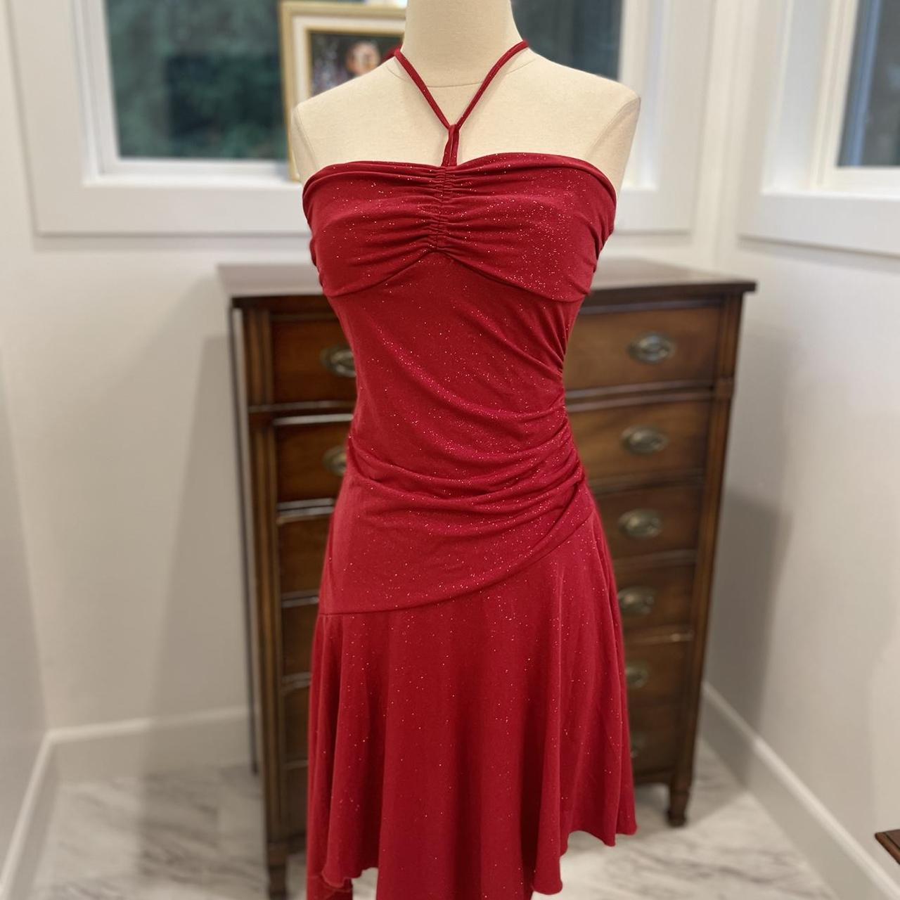 Y2k party dress in sparkly red Halter neck In... - Depop