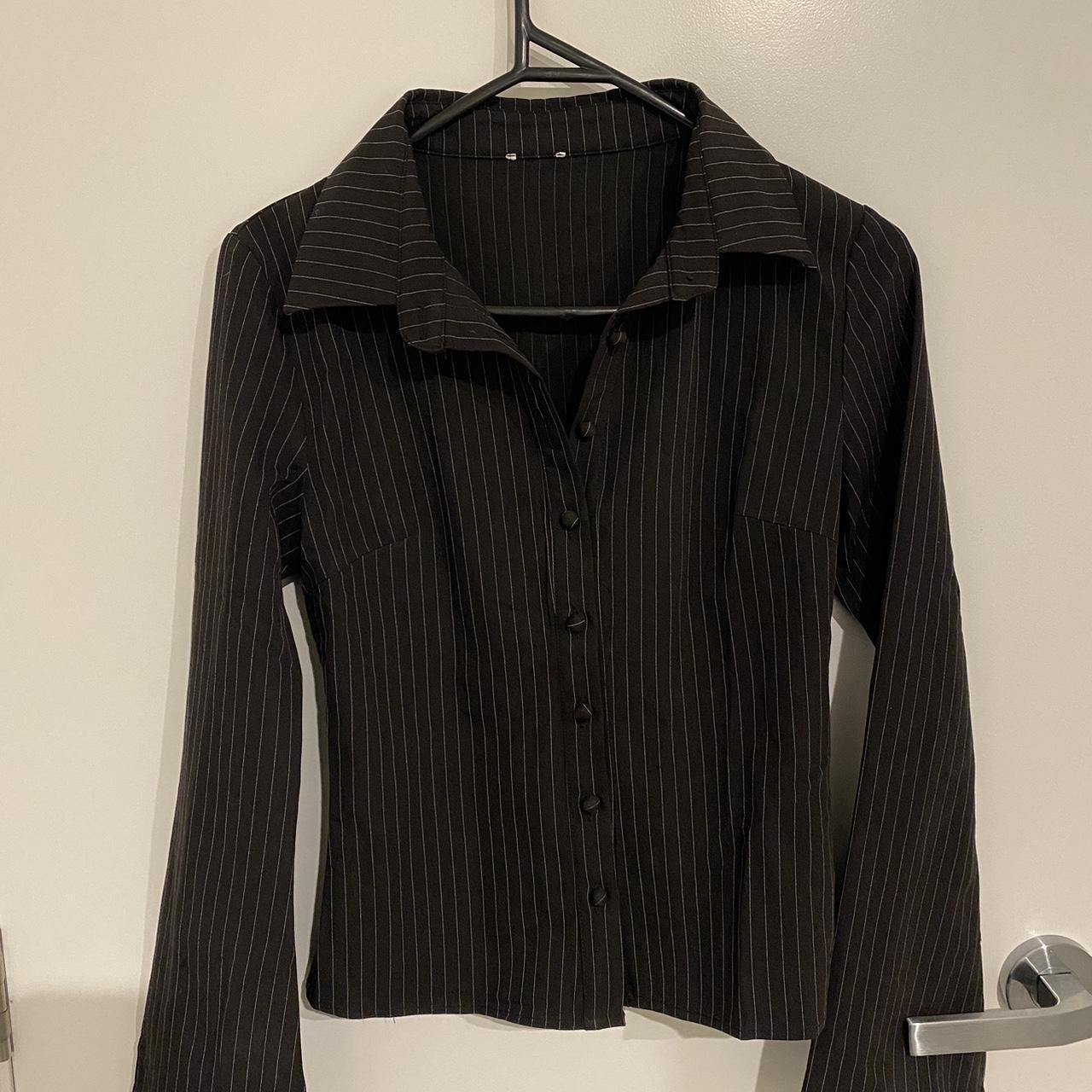 Size: Xs Black, pinstripe, button up shirt.... - Depop