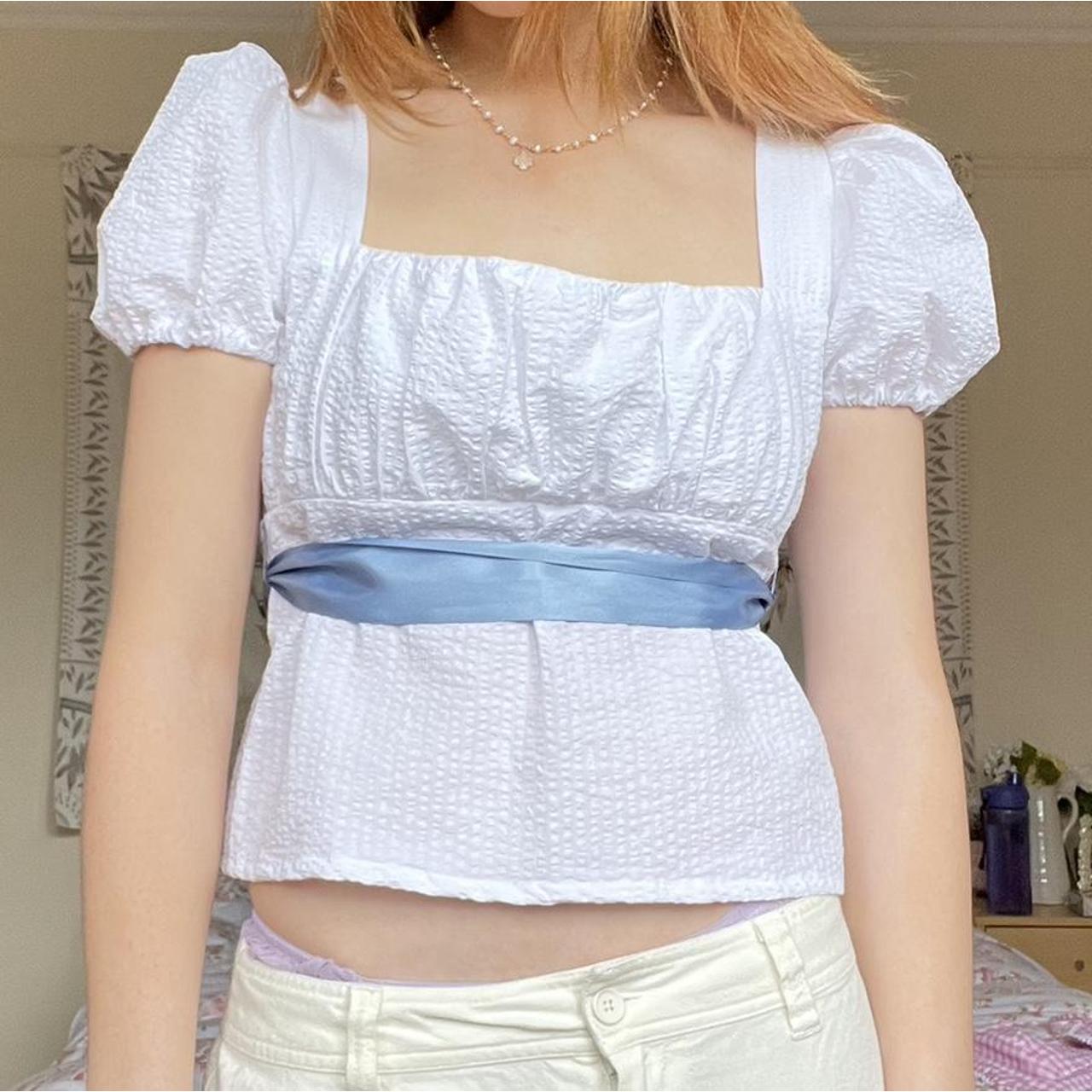 Gorgeous puff sleeve white blouse with blue ribbon!... - Depop