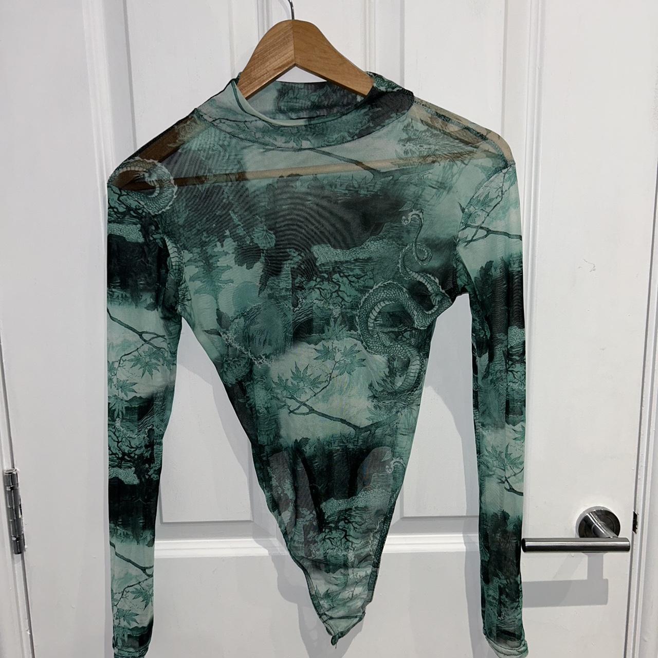 PrettyLittleThing Mesh Bodysuit in Green with Dragon... - Depop