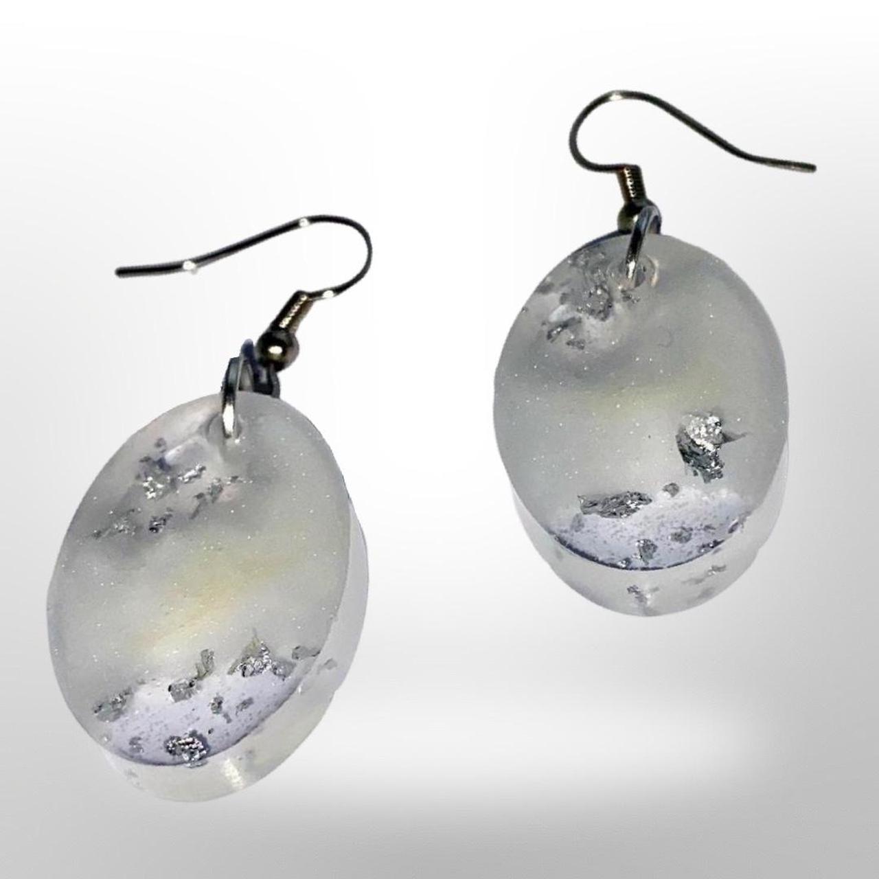 Pearl white and silver flakes epoxy resin earrings... - Depop