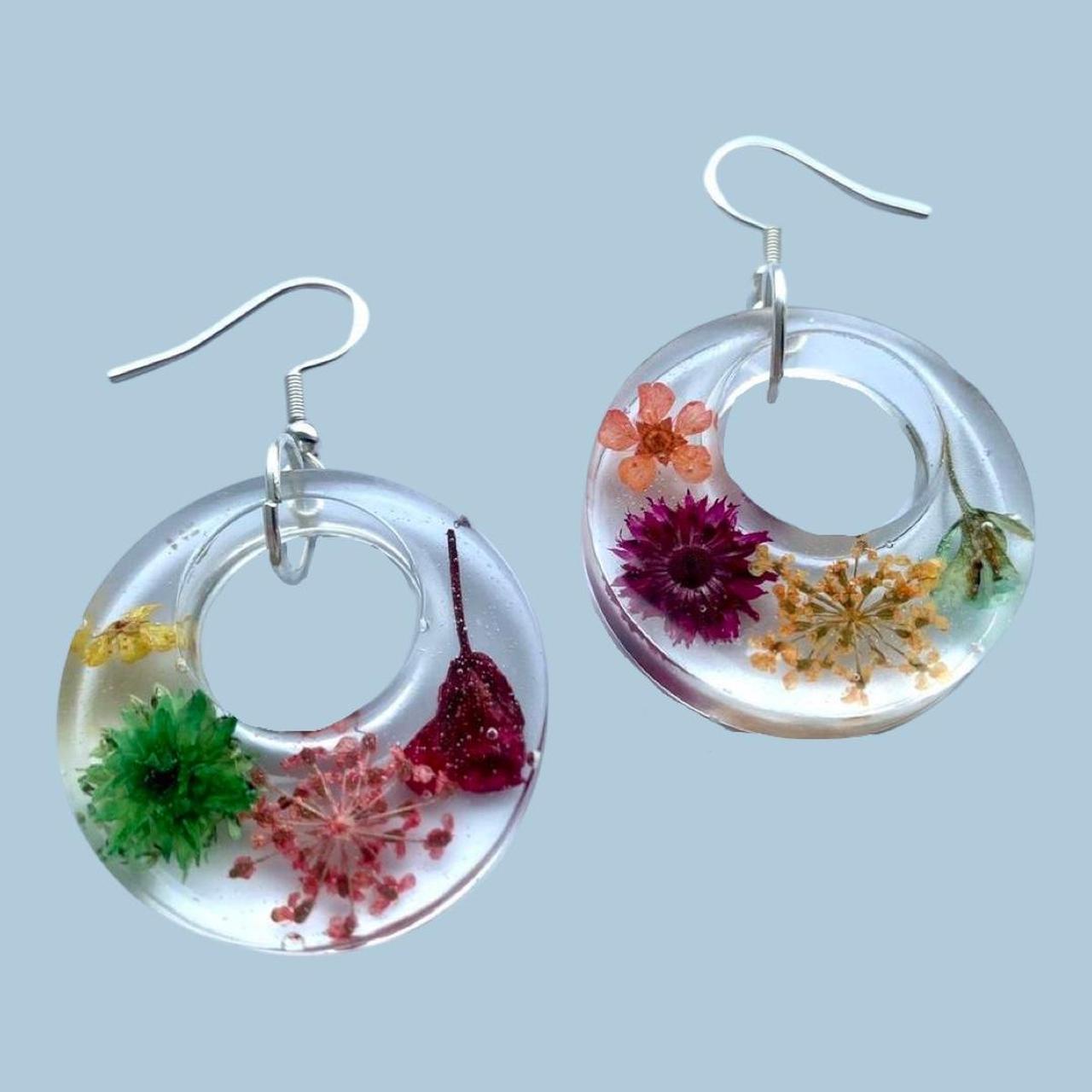 Pressed flower resin earrings Burgundy, yellow,... - Depop