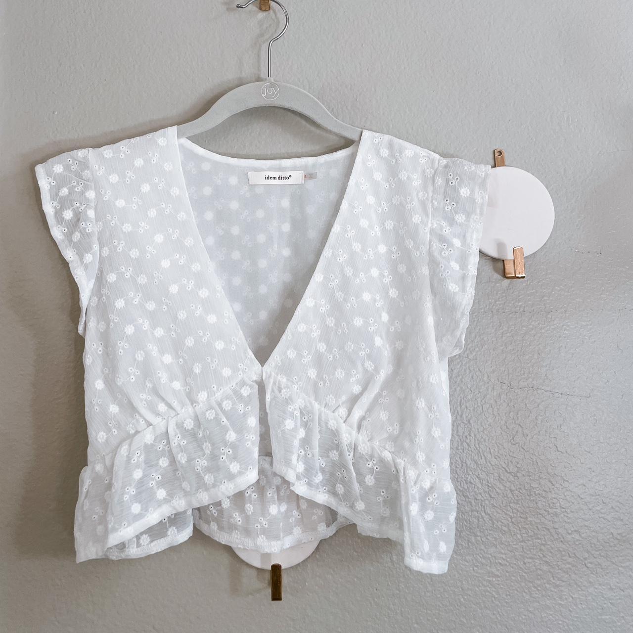 Idem Ditto Lace White Flower Deep V Cropped... - Depop