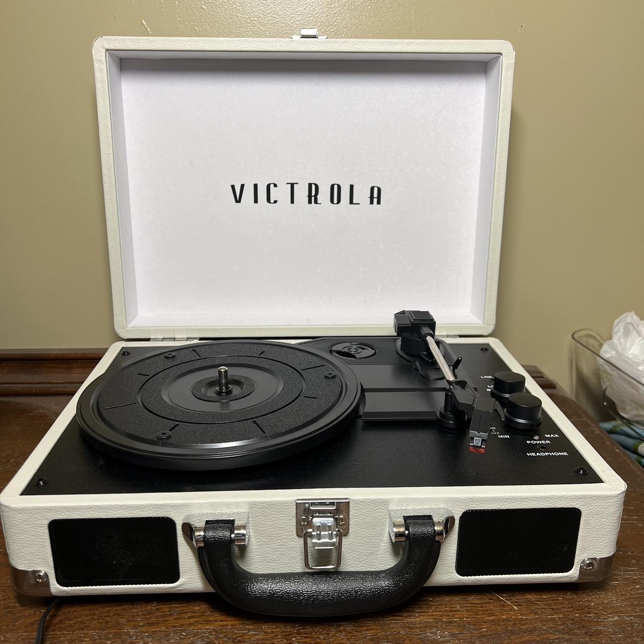 cream colored Victrola 3 speed suitcase record... - Depop