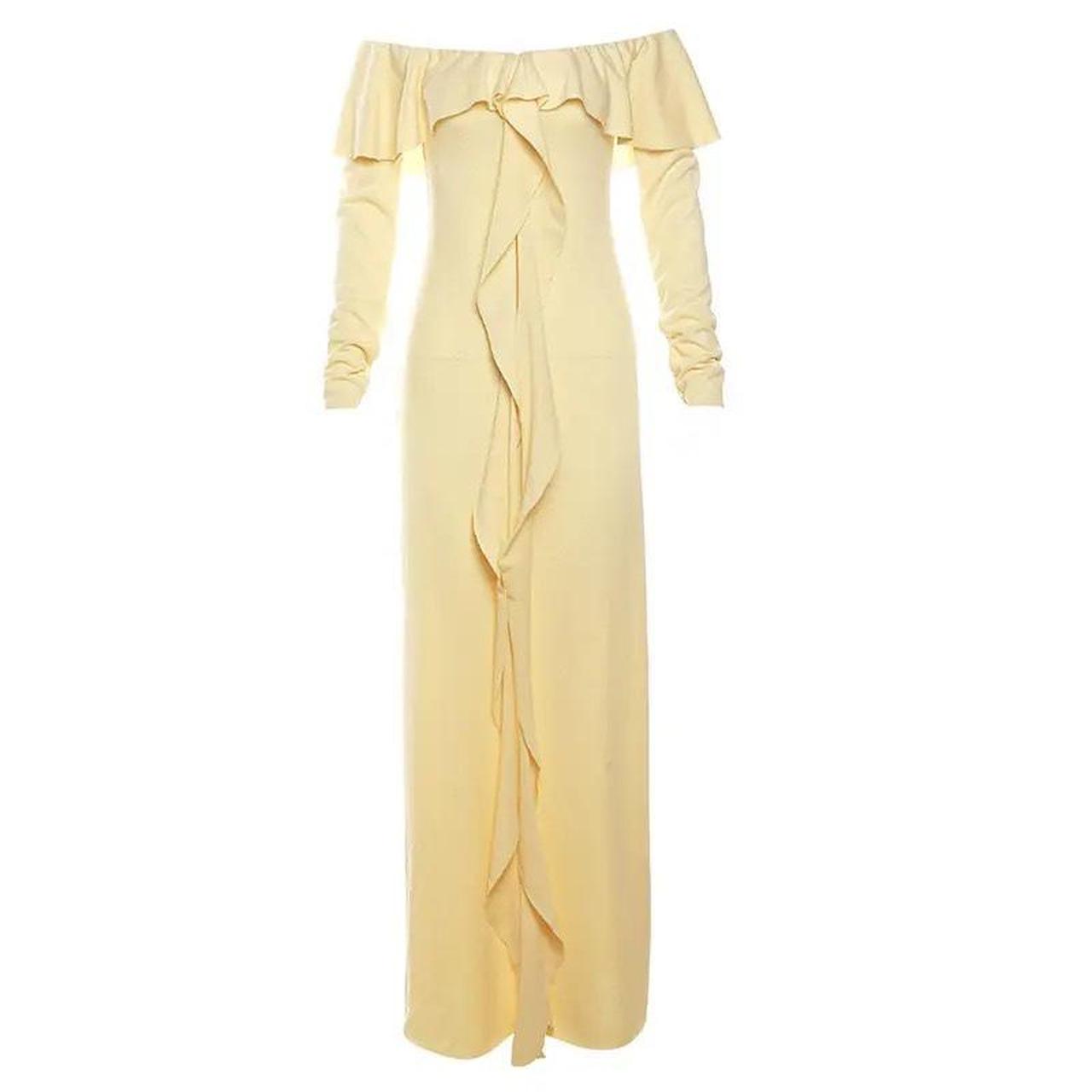 Yellow Ruffles bardot Maxi slit dress! Brand new!... - Depop