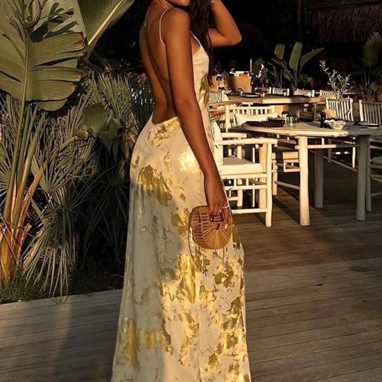 Gold Backless long maxi Dress Women Bodycon dress... - Depop