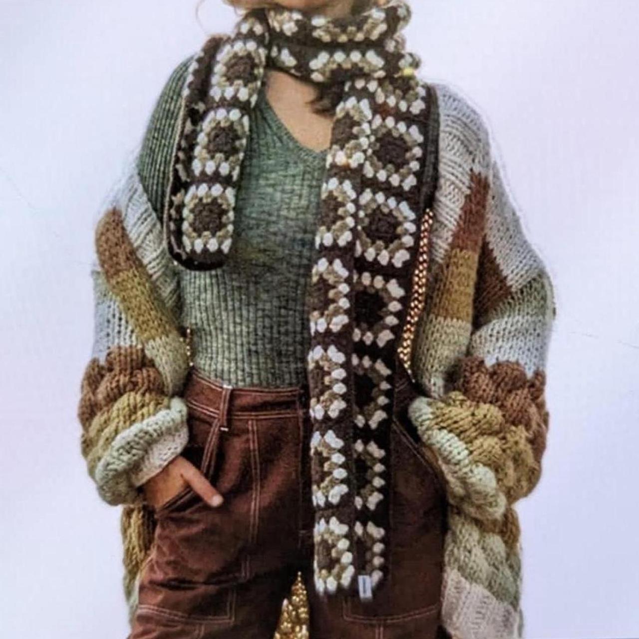 Handmade Patchwork Knitted Crochet Wool Scarf in... - Depop