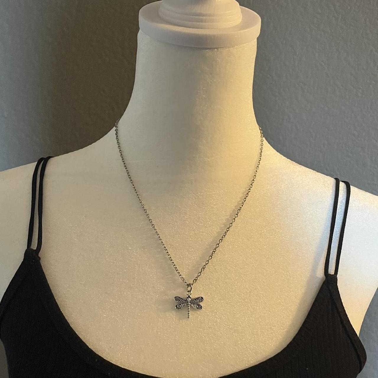 hippie dragonfly bug silver chain necklace... | Depop