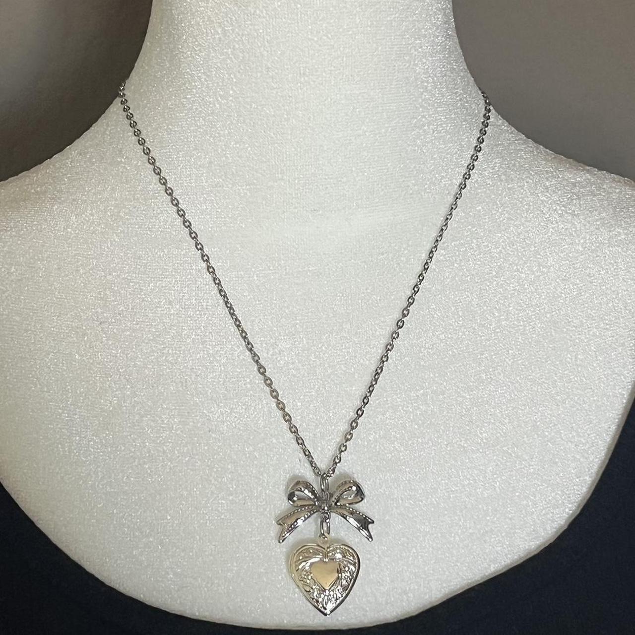 y2k coquette bow locket heart silver chain necklace... - Depop