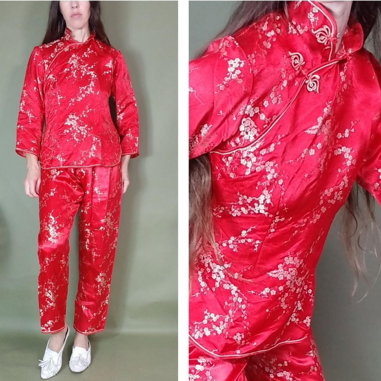 Vintage red Chinese pajama set - top and matching... - Depop