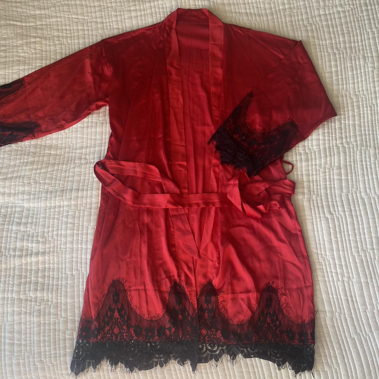 red silk robe with black lace detailing one size... - Depop