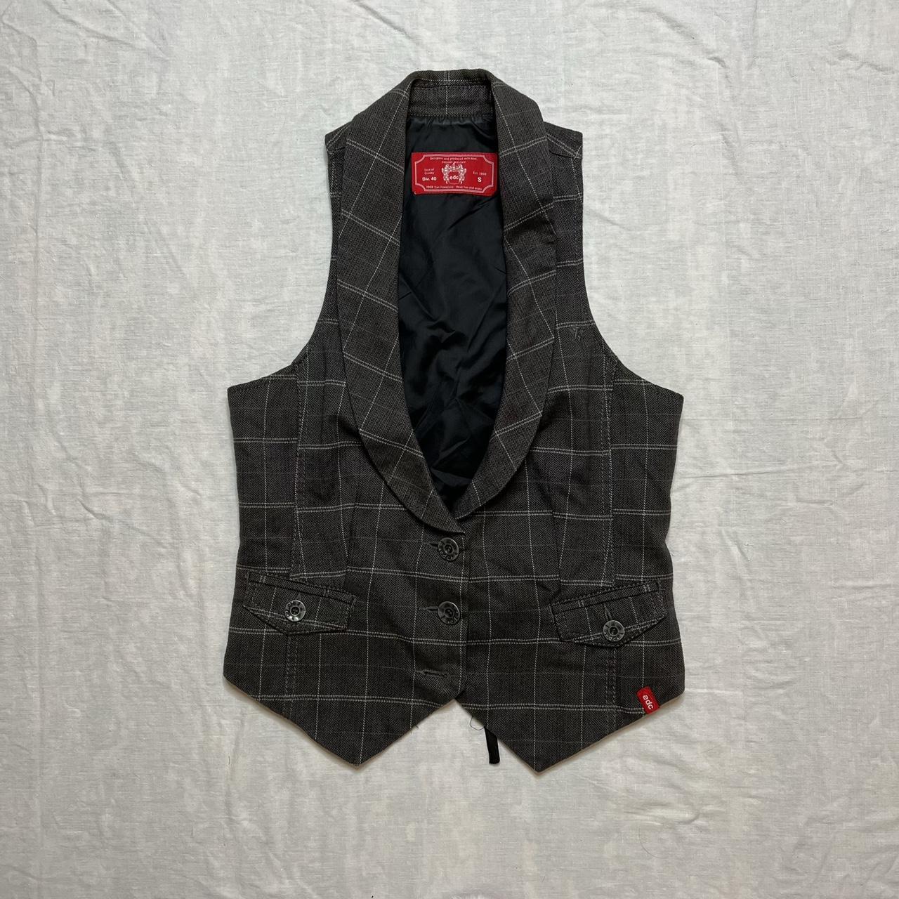 grey pleated tartan waistcoat button up vest,... - Depop