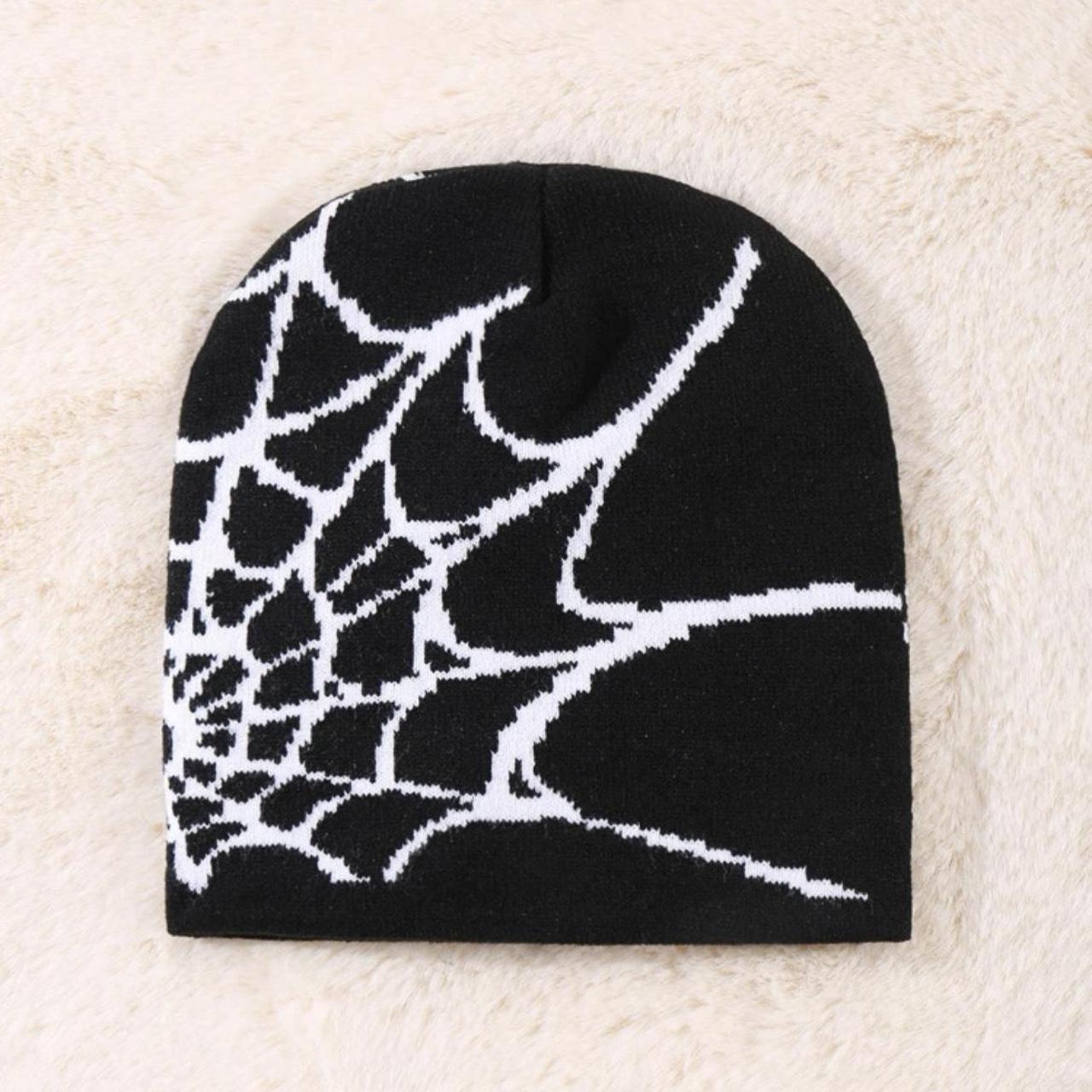 Black and white spider web beanie - cotton - fits... - Depop