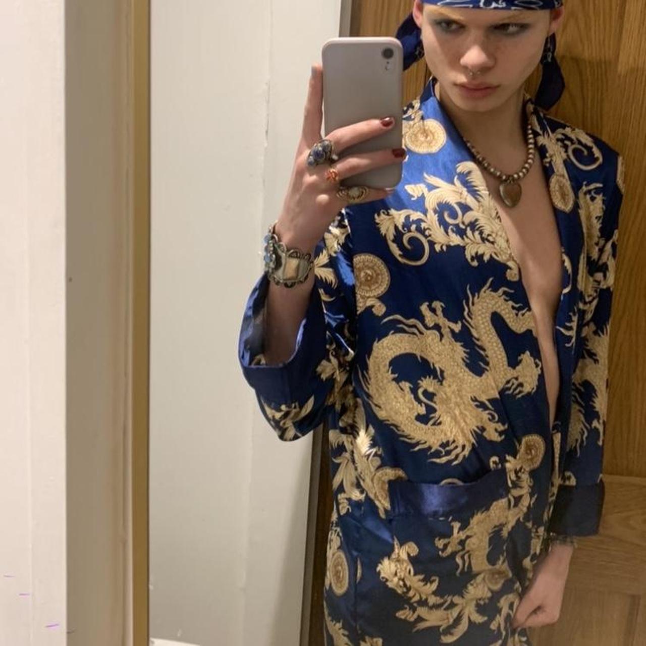 Versace style unisex blue satin silk robe/kimono.... - Depop