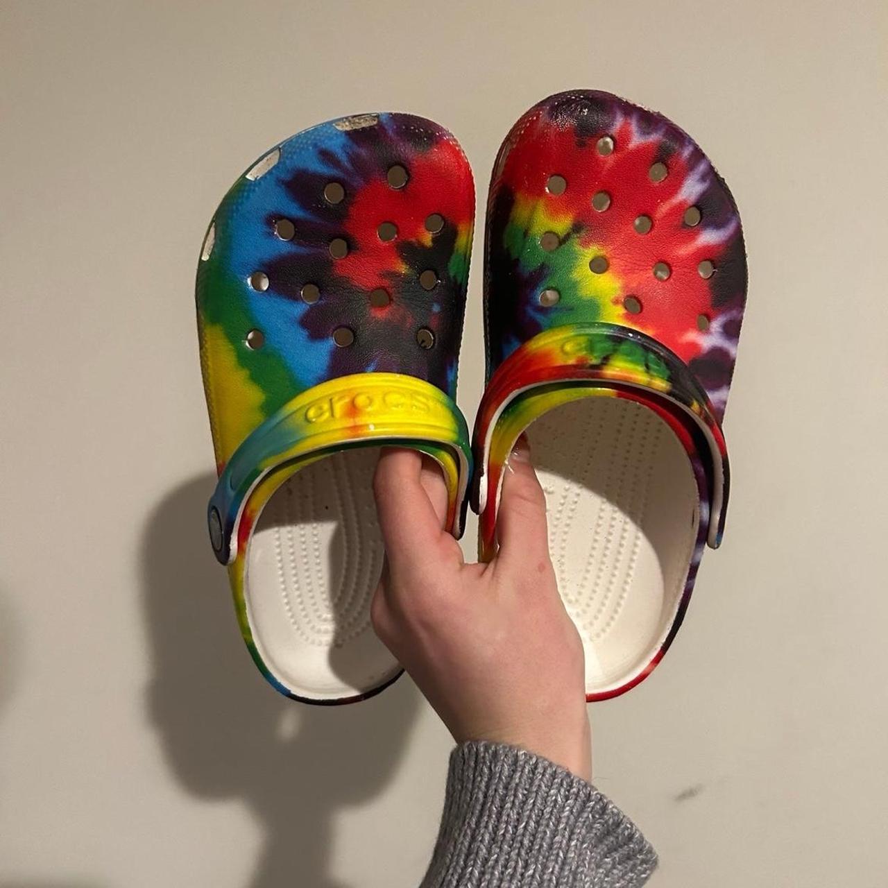 Rainbow crocs Not really sure what size but i took a... - Depop