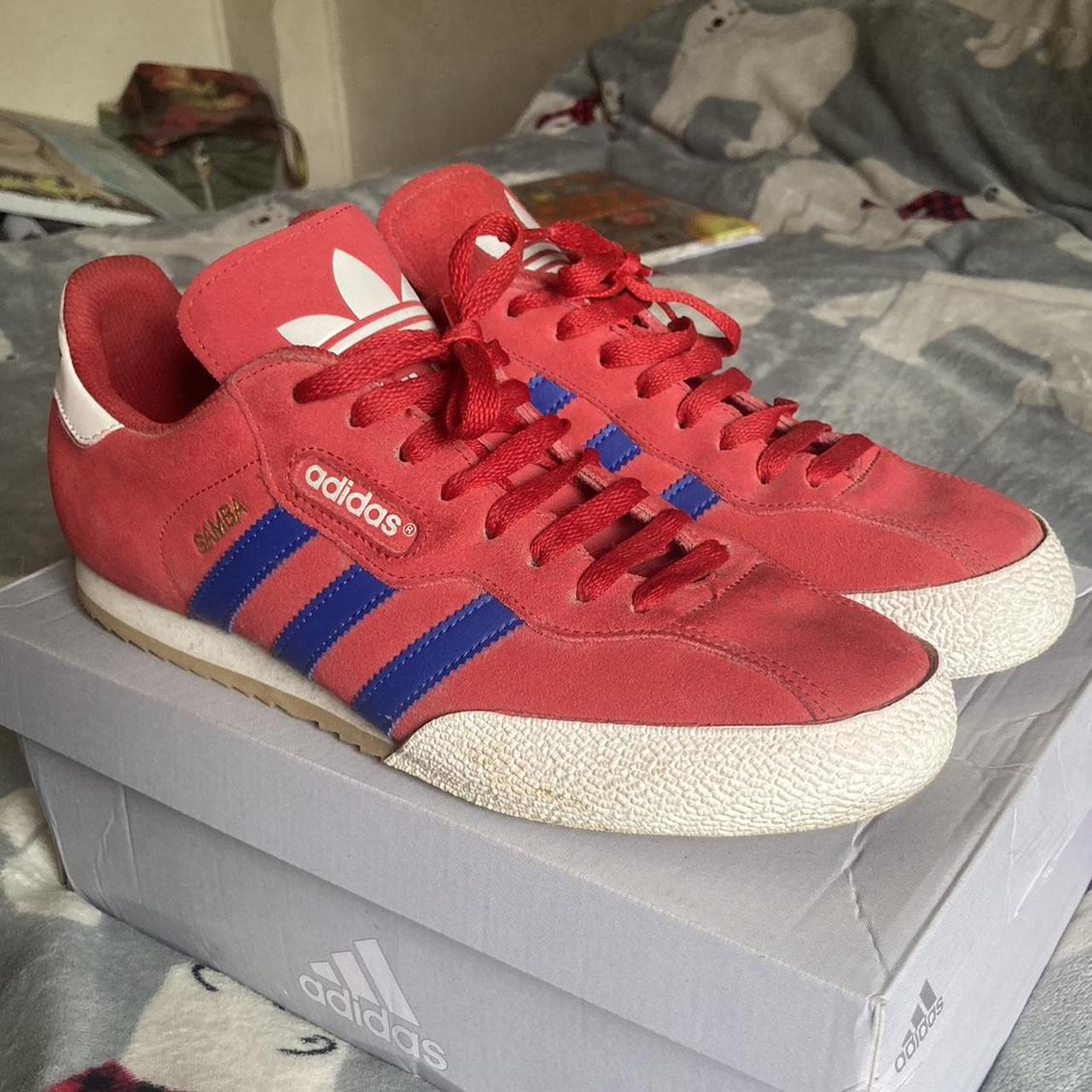 Vintage discontinued red Adidas sambas with blue... - Depop