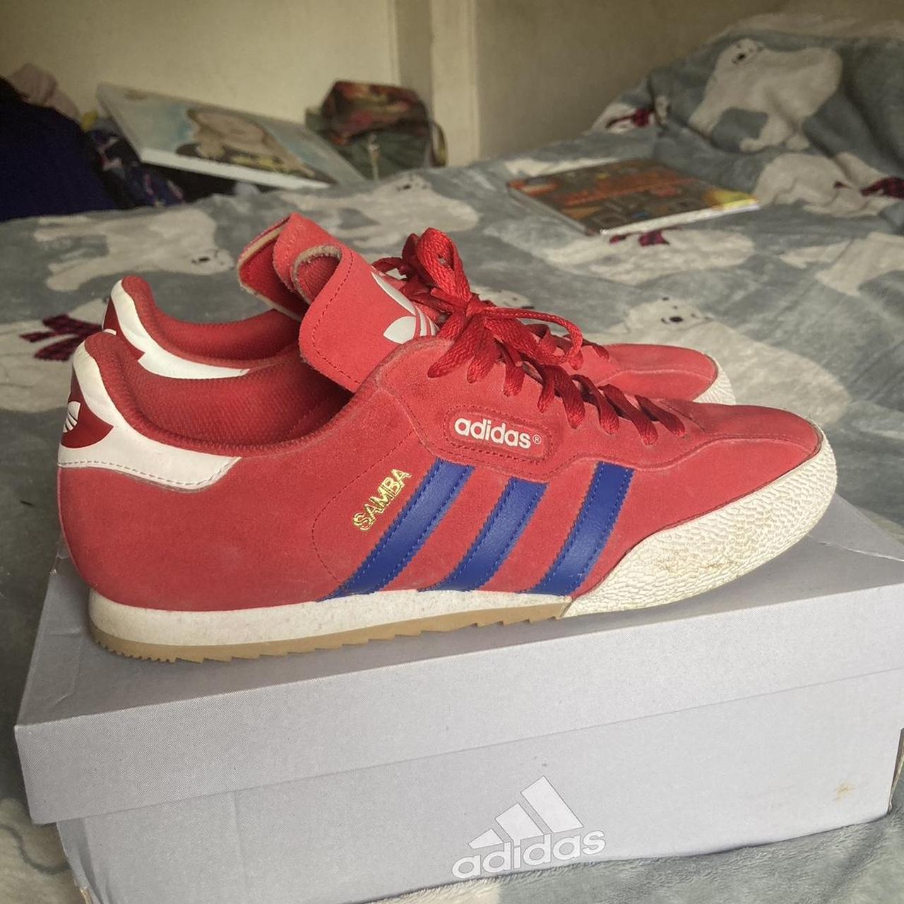 Vintage discontinued red Adidas sambas with blue... - Depop