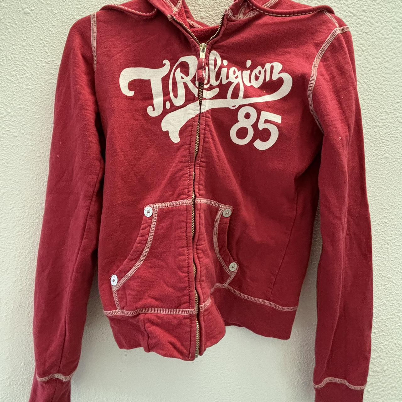 Red true religion vintage hoodie/jacket, small - Depop
