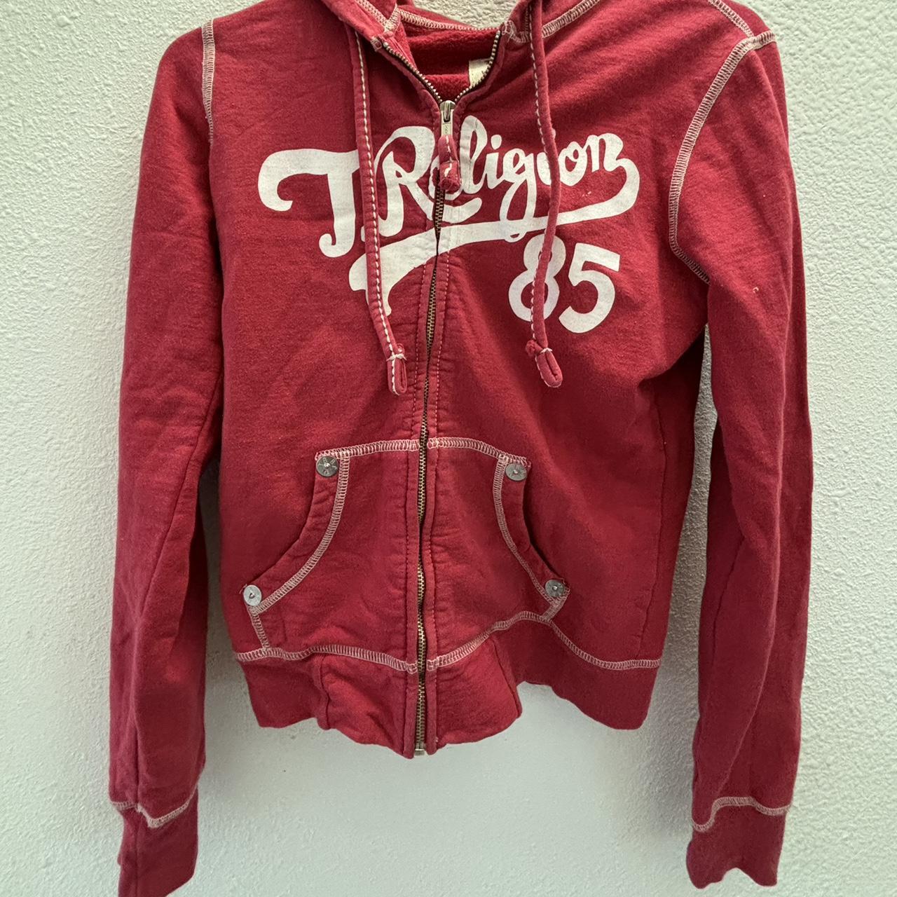 Red true religion vintage hoodie/jacket, small - Depop