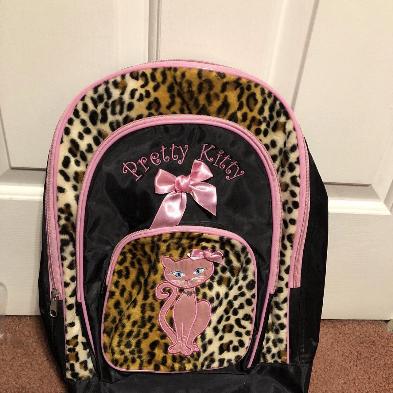 Beautiful Pink & Furry Leopard Backpack/Bag, Black &... - Depop