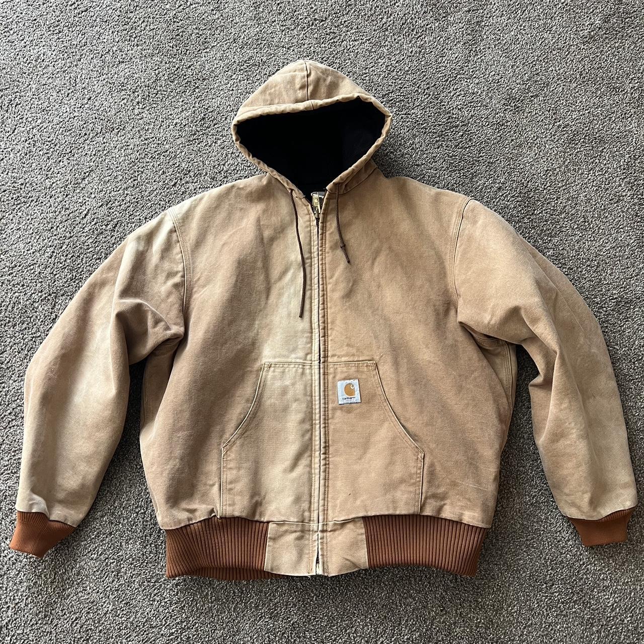 Carhartt Brown/tan hooded work jacket lined... - Depop