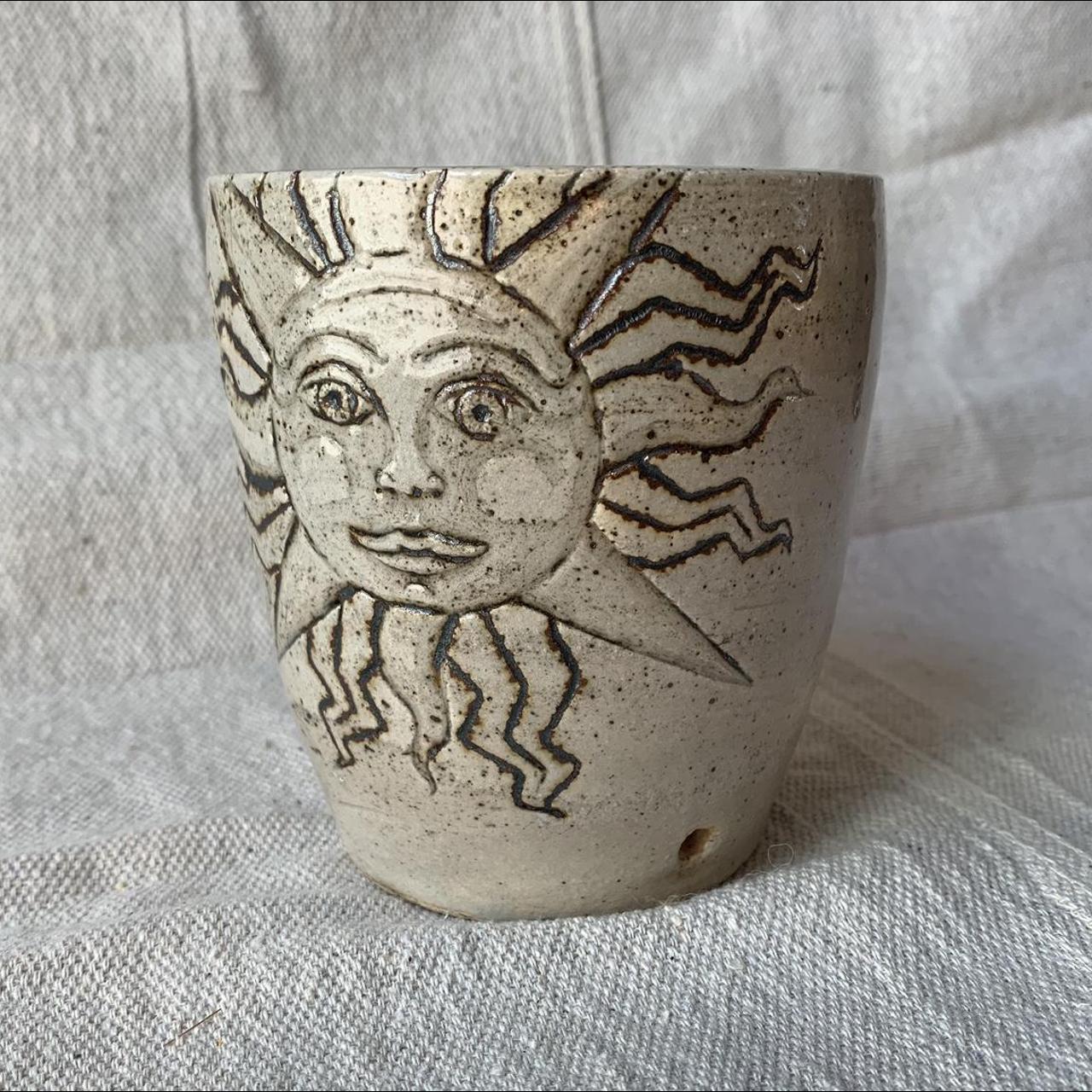 Hand carved sun face ceramic planter pot made by... - Depop