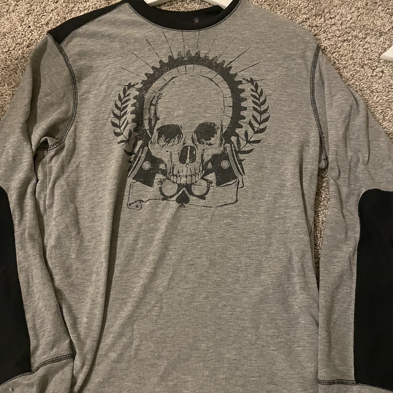 gray skull screenprint henley top super comfy, has... - Depop