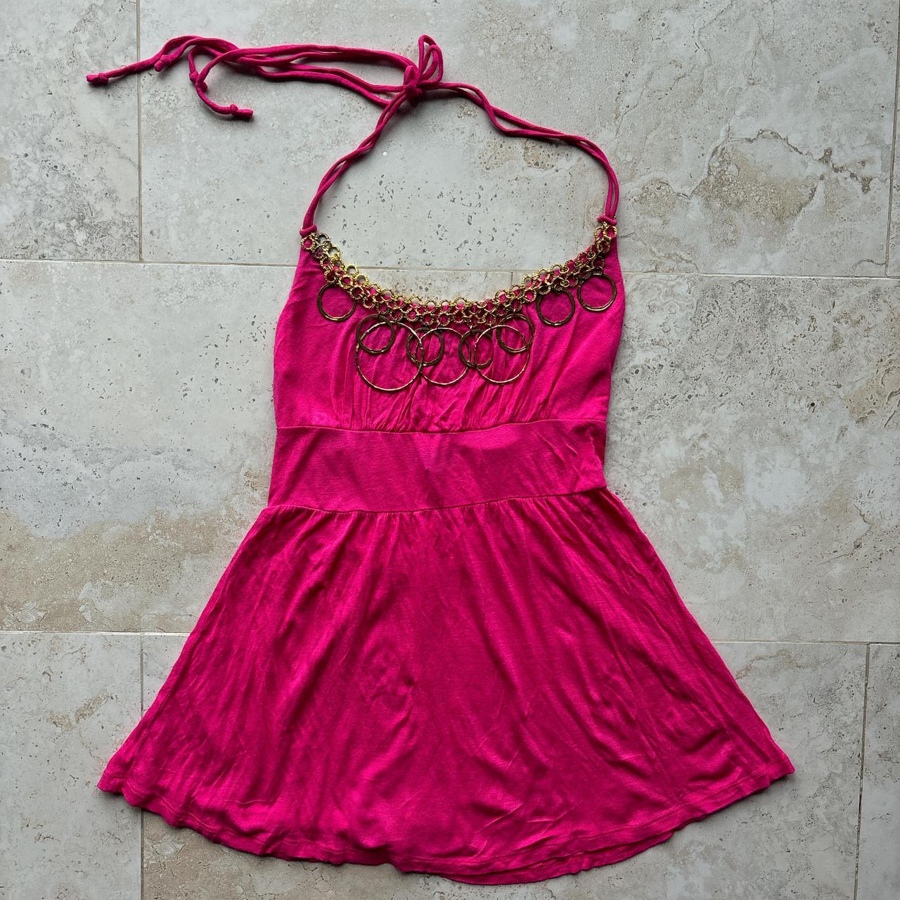 Vintage fuchsia/hot pink flowy halter top with gold... | Depop