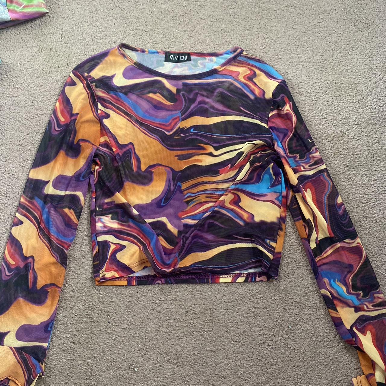 Multicoloured long sleeve mesh crop top, never wore... - Depop