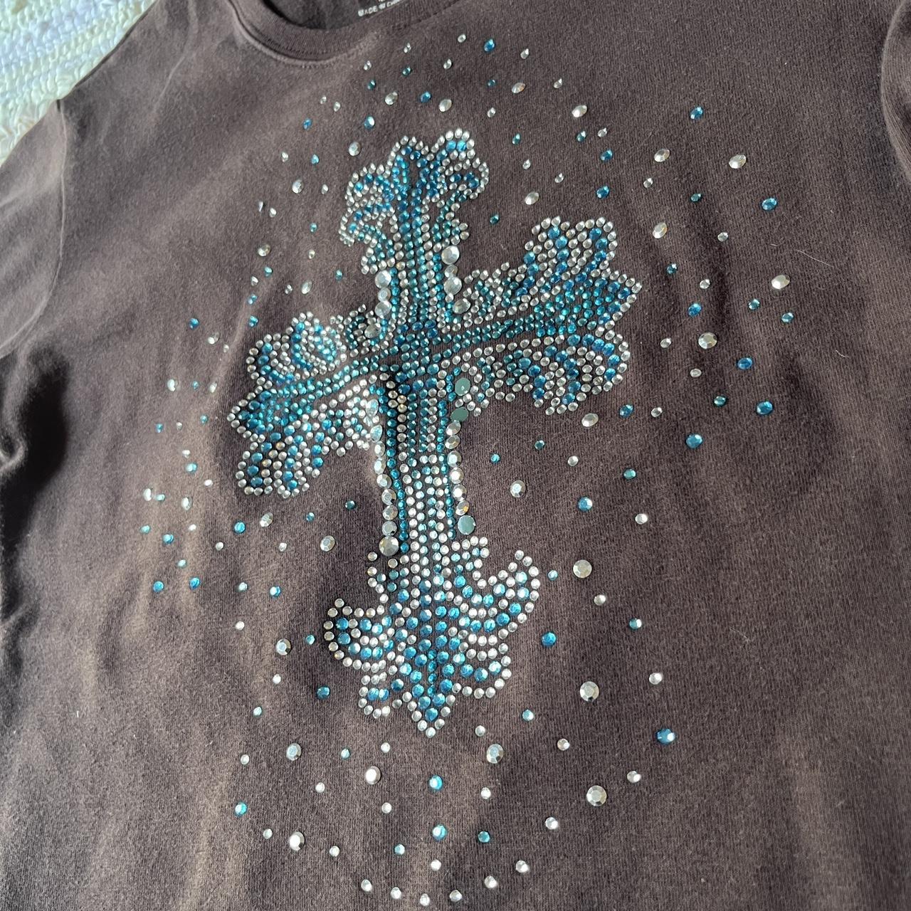 cross jeweled shirt ♡ labeled as a medium but best... - Depop