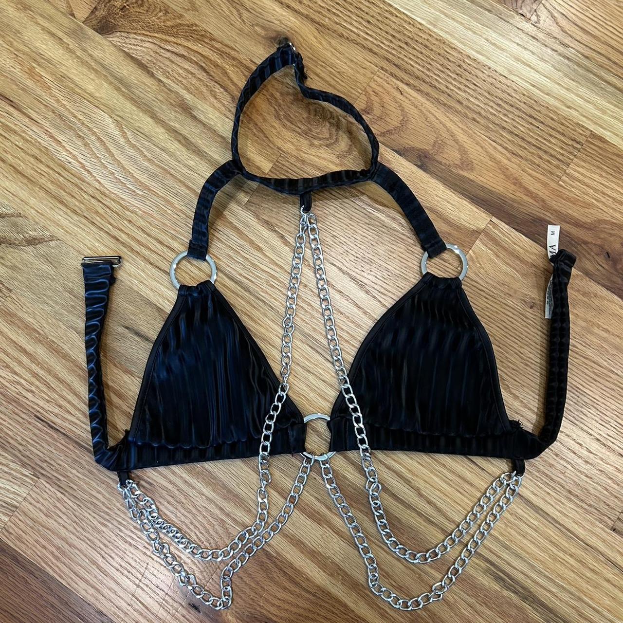 Dollskill rave black pleather ring bra top with... | Depop