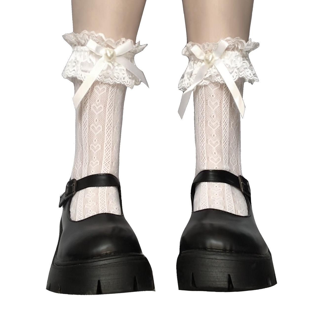 white pointelle lace ruffle socks 🎀 has an adorable... - Depop