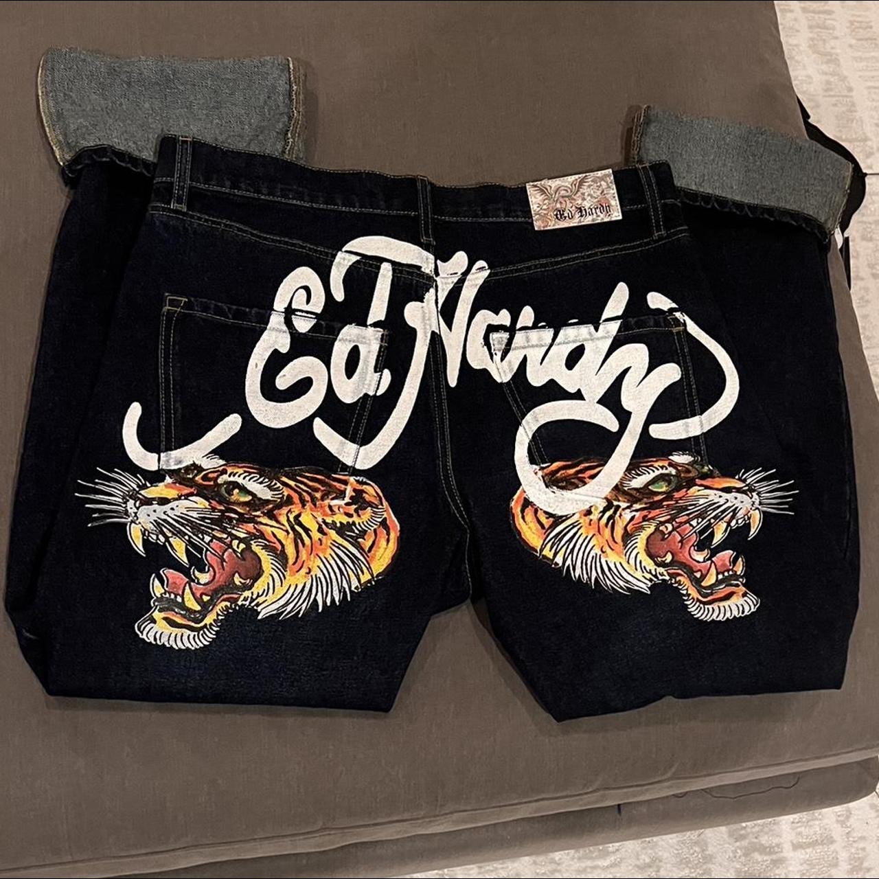 Ed hardy loose fitting tiger design jeans Can fit... - Depop