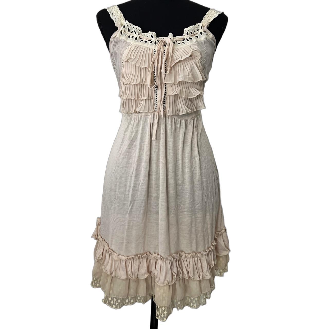 vintage cream ruffled mini dress, mesh and lace... - Depop