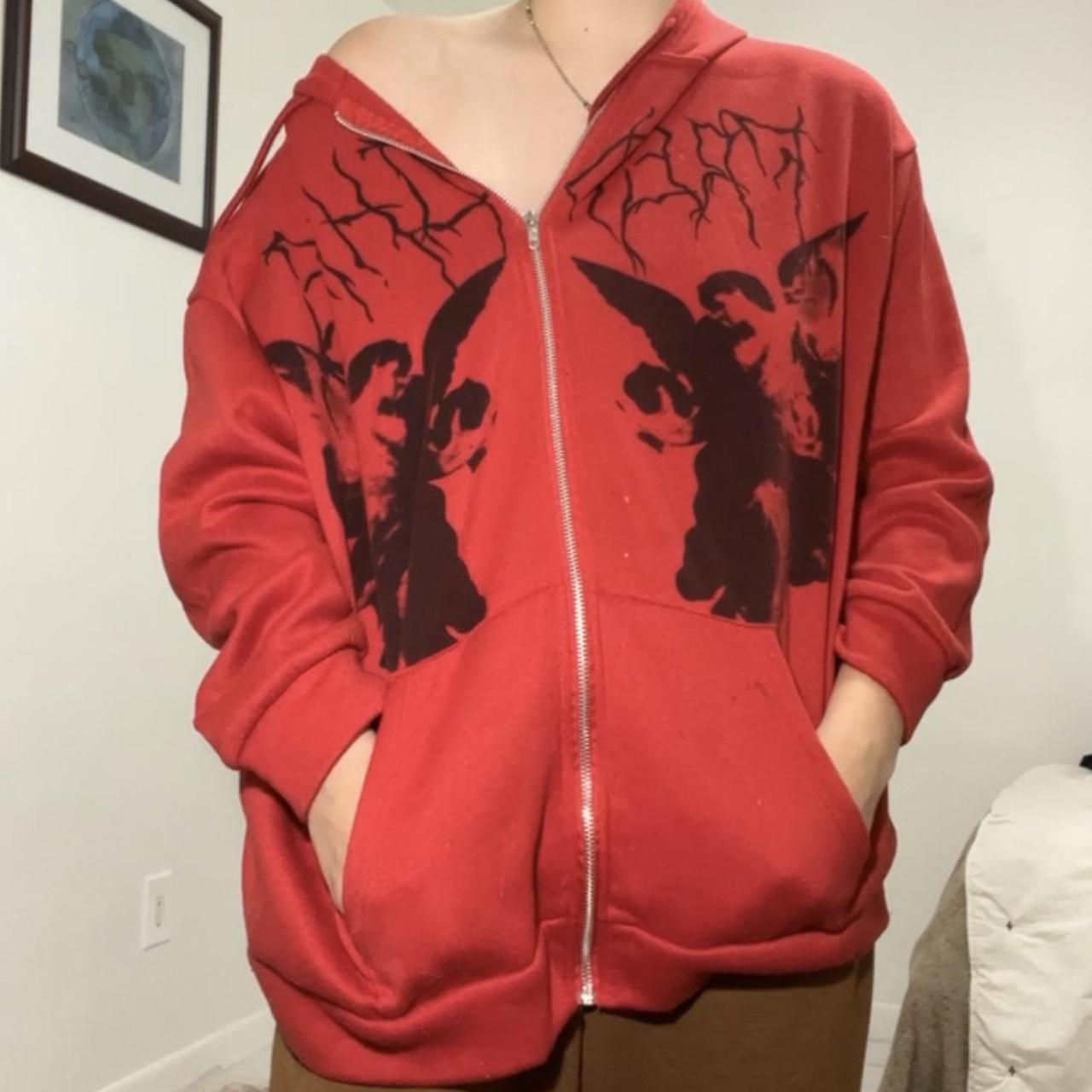 Red grunge streetwear angel hoodie zip-up jacket 🪽... - Depop