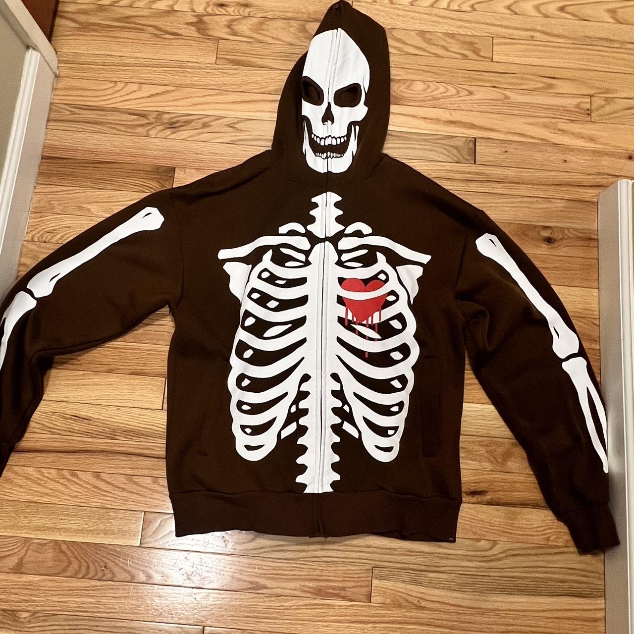 Brown and white skeleton zip up hoodie | Depop Brown and white skeleton zip up hoodie | Depop