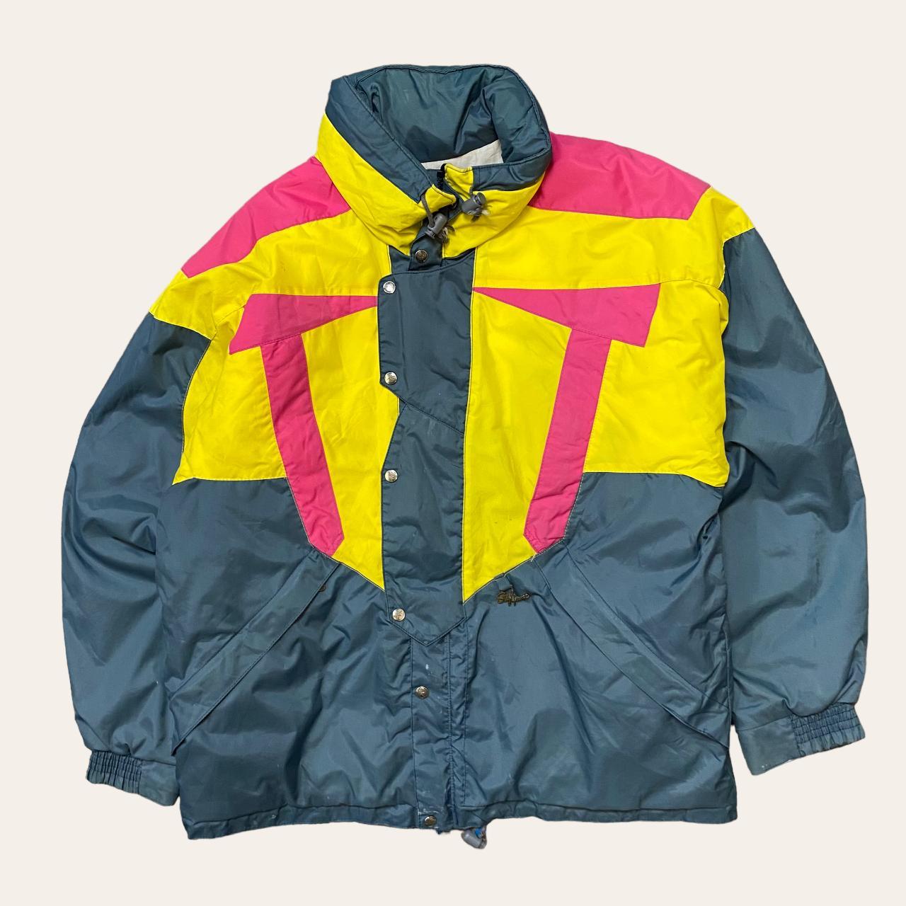 Vintage 80s Retro Classic Yellow Pink Navy Heavy... - Depop